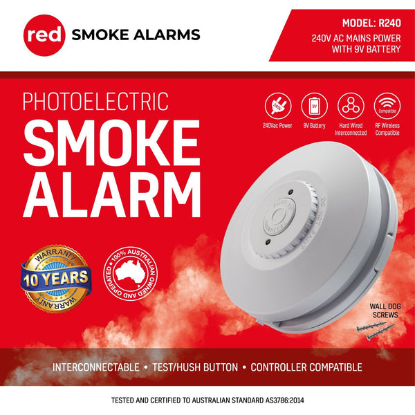 Red Smoke Alarm 240v Hardwired Smoke Alarm with 9v battery back-up ...